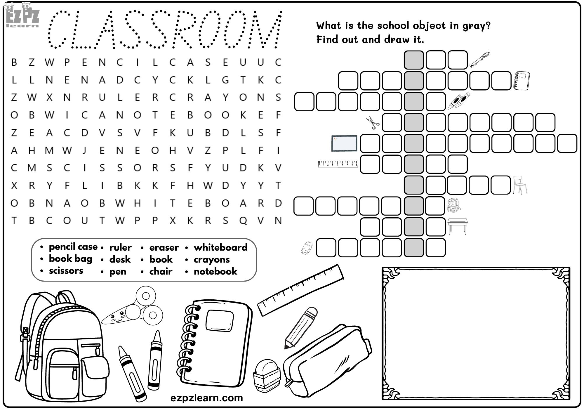 Classroom Vocabulary for Kids. Includes: Word Search, Coloring, Drawing and Cryptogram ...